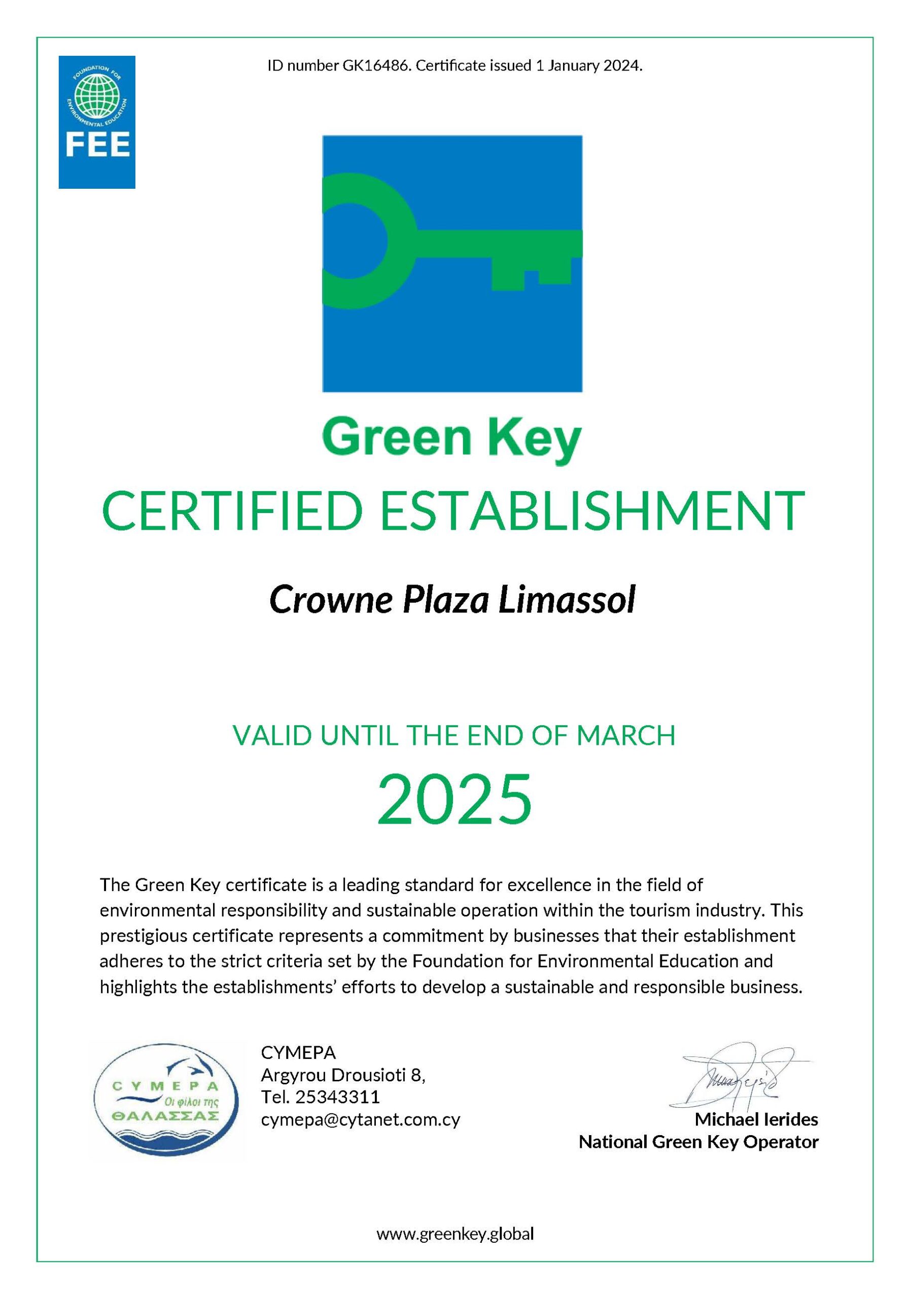 Sustainable hotel in Cyprus | Green Key Award for Crowne Plaza Limassol ...